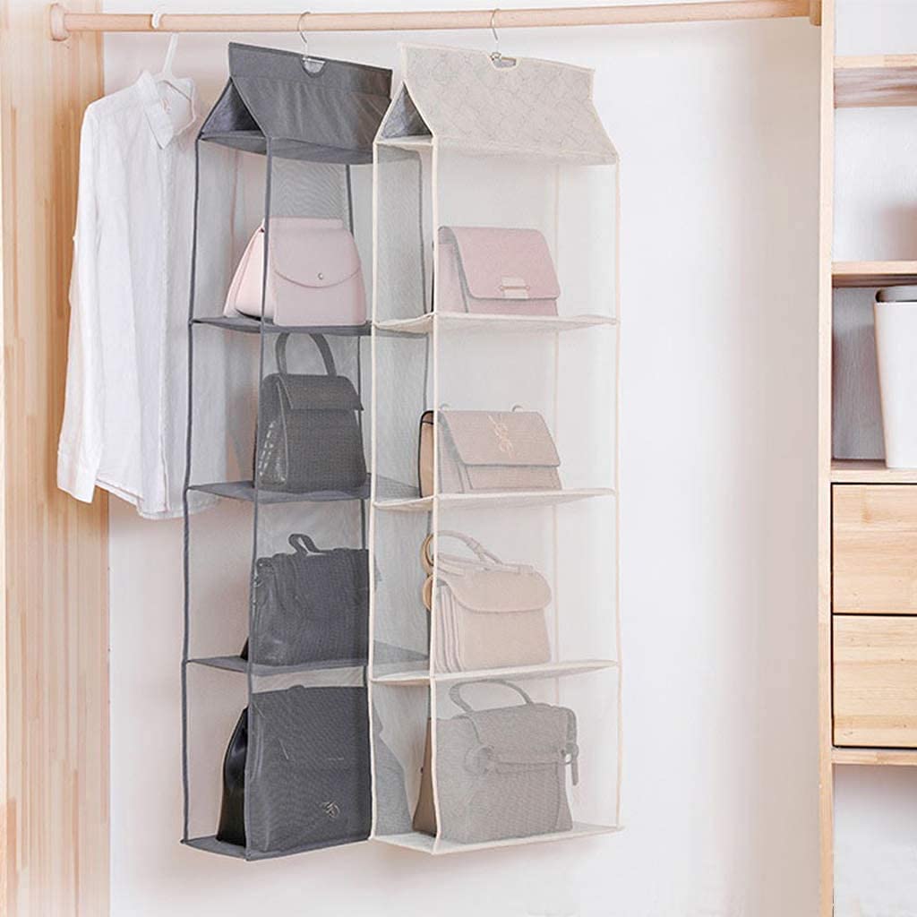 MICOKAY Hanging Handbag Purse Organizer, Purse Storage Organizer Holder for Wardrobe Closet Hanging Shelves (4 Pockets) (Beige)