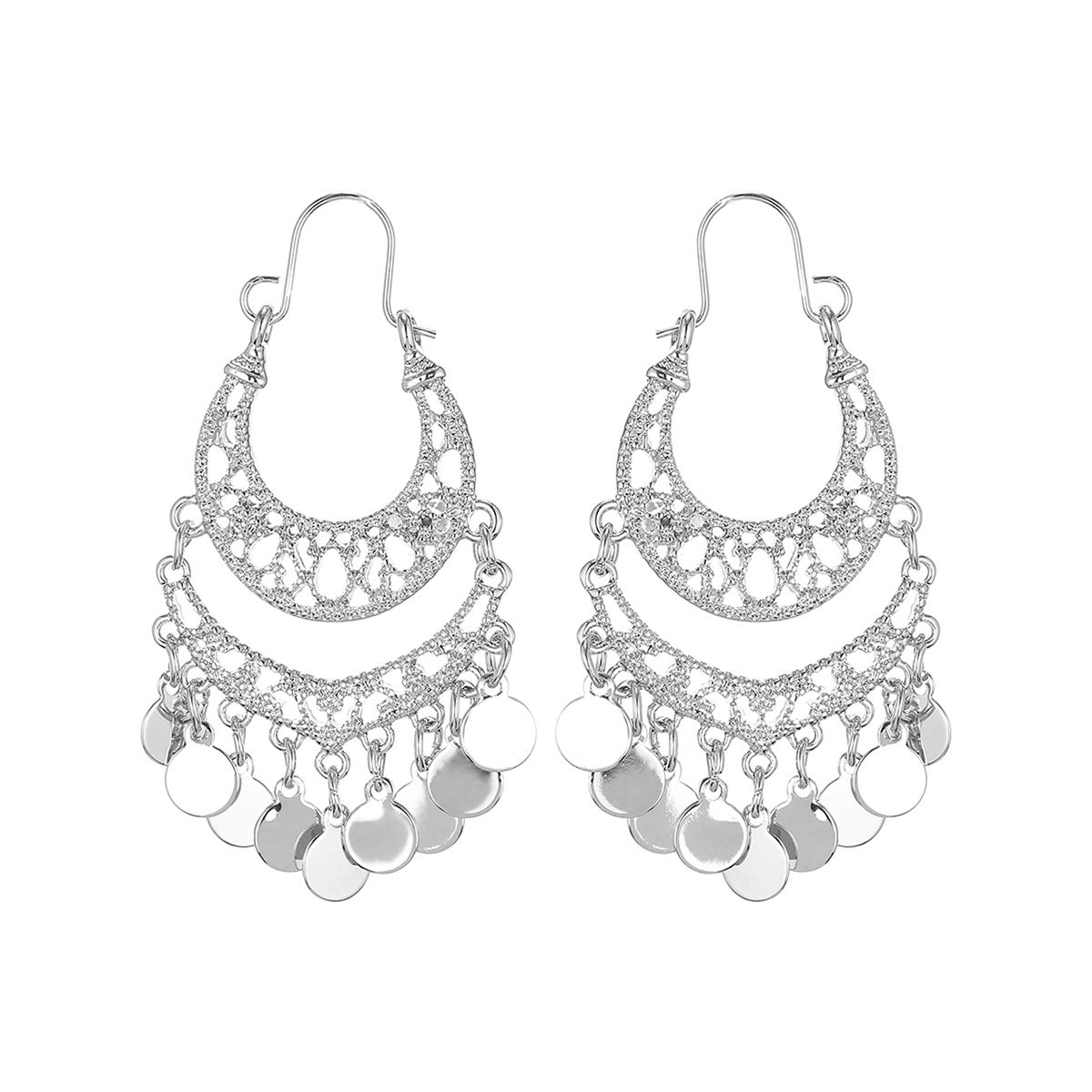 Bohemian Boho Chandelier Dangle Drop Earrings for Women ā Lightweight Filigree Gypsy Coin Disc Tassel Charm Hoops ā included Gift Box (Silver)