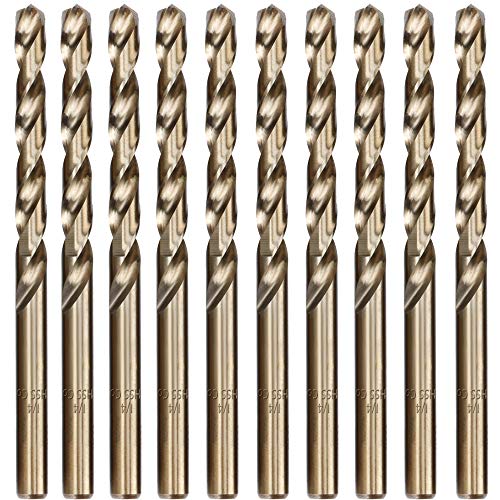 Hymnorq 1/4 Inch Fractional Size M35 Cobalt Steel Twist Drill Bit Set of 10pcs, Jobber Length and Straight Shank, Extremely Heat Resistant, Suitable for Drilling in Stainless Steel and Iron
