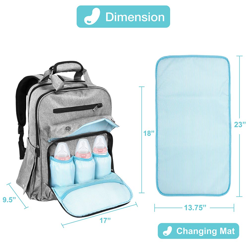 Baby Backpack Diaper Bag | Large Capacity Multi-Functional Travel Nappy Bag for Maternity Mom Dad with Changing Pad, Insulated Pockets, Stroller Straps (Light Grey)