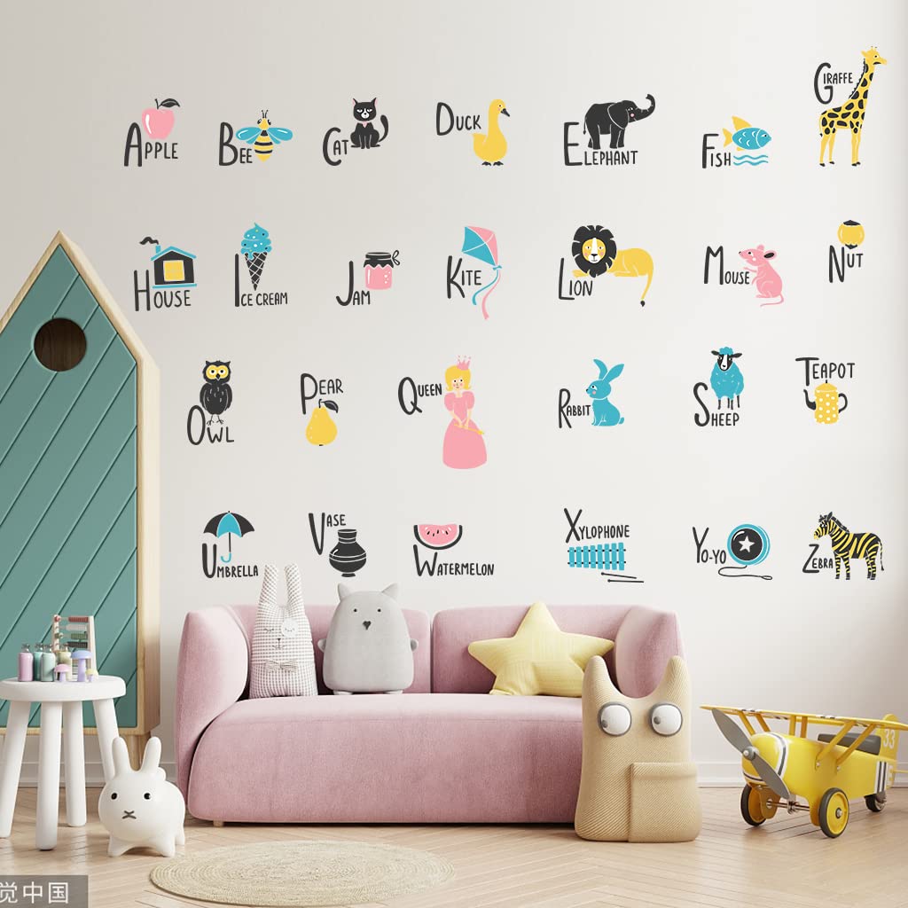 Creative English Alphabet Wall Decals ABC Letter Fruit Animal Stickers Cartoon Children Wall Decals Learning Education Decoration for Kids Nursery Bedroom