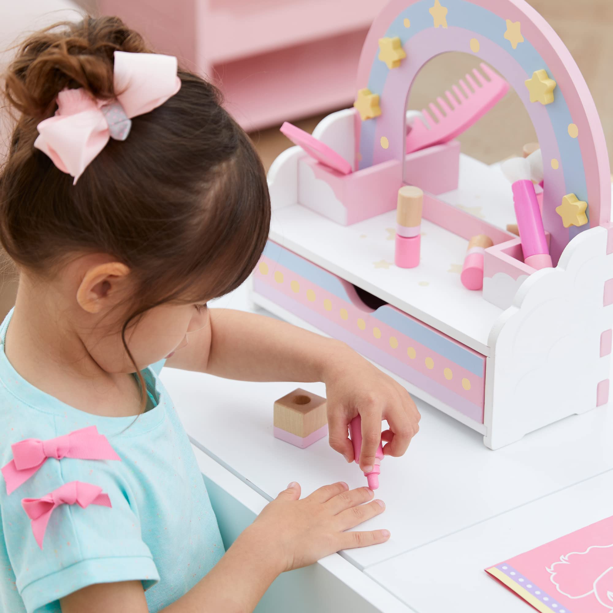 Teamson Kids Little Dreamer Wooden Rainbow Play Tabletop Vanity with Mirror and Drawer Plus 8 Pretend Cosmetic Makeup Accessories, Pink, includes Small Parts