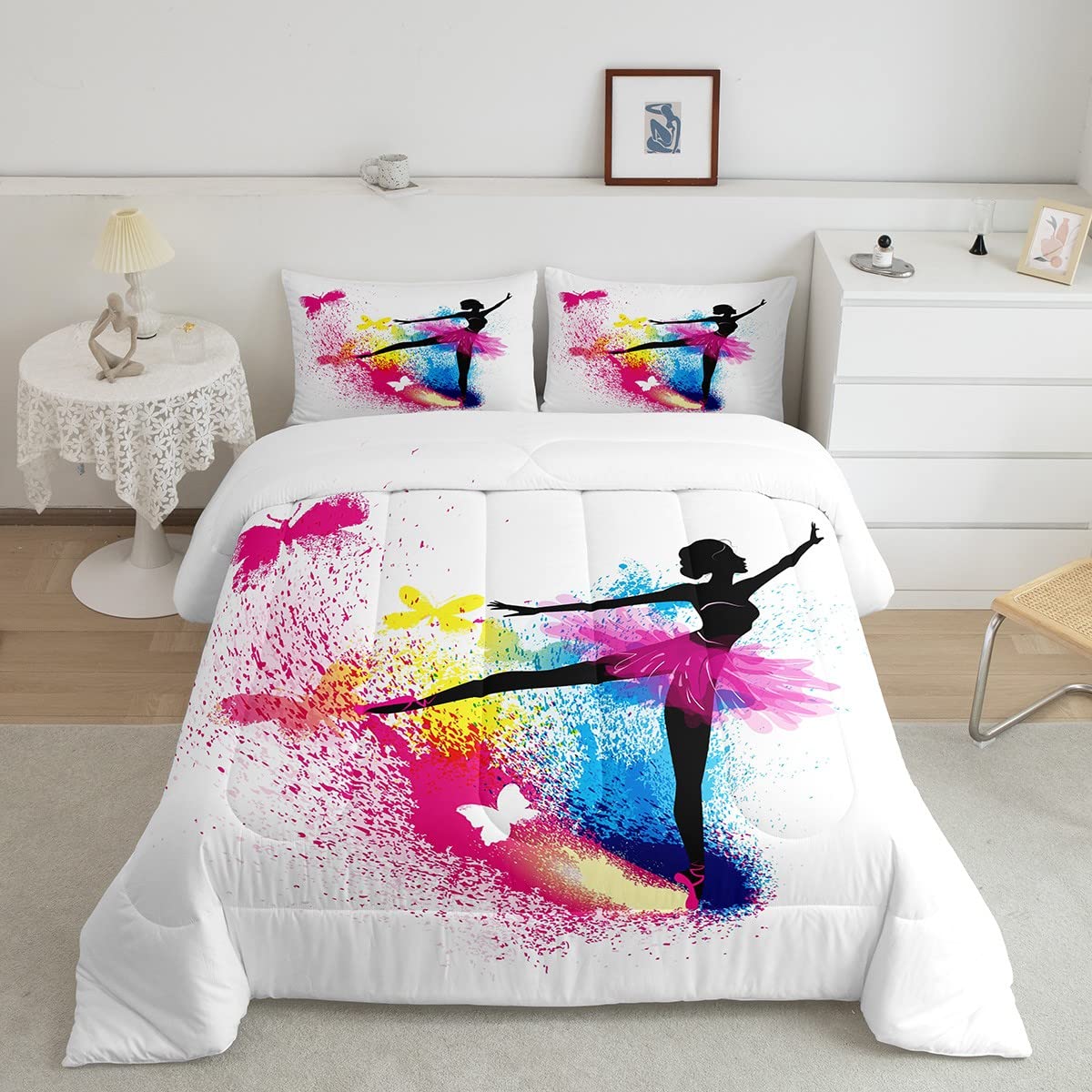 Ballet Girl Comforter Set for Kids Room Decor Watercolor Graffiti Butterfly Animal Bedding Comforter Queen Size Girls Women Gifts Soft Polyester Quilt Set with 2 Pillowcases
