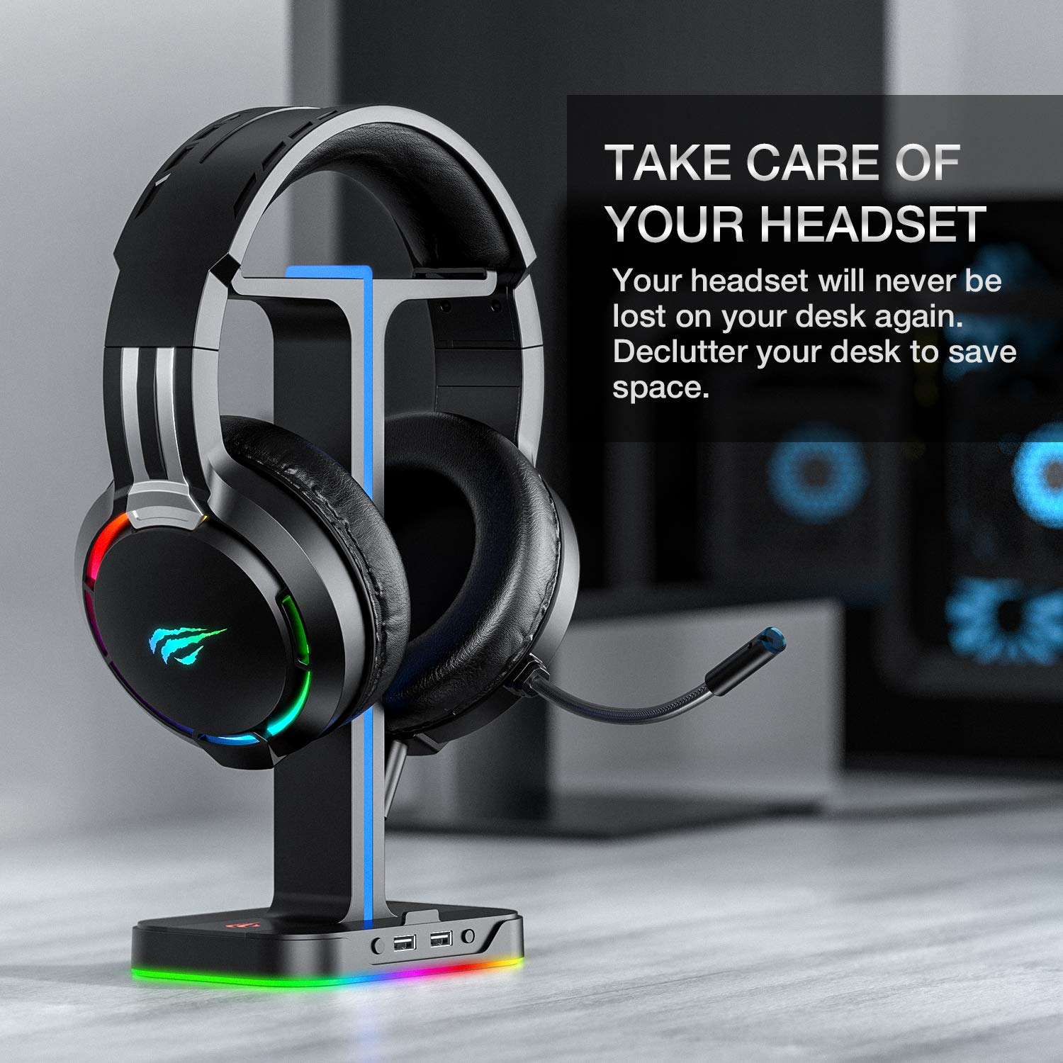 Havit RGB Gaming Headset and Headphone Stand 2 in 1 Set, Desk Dual Headset Hanger Base with Phone Holder & 2 USB Port, Gaming Headphone with Mic for Desktop PC Game PS4 PS5 Xbox