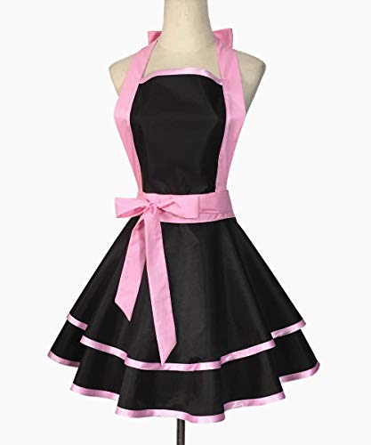 Hyzrz Lovely Handmade Cotton Retro Black Aprons for Women Girls Cake Kitchen Cook Apron for Mother's Gift (Pink)
