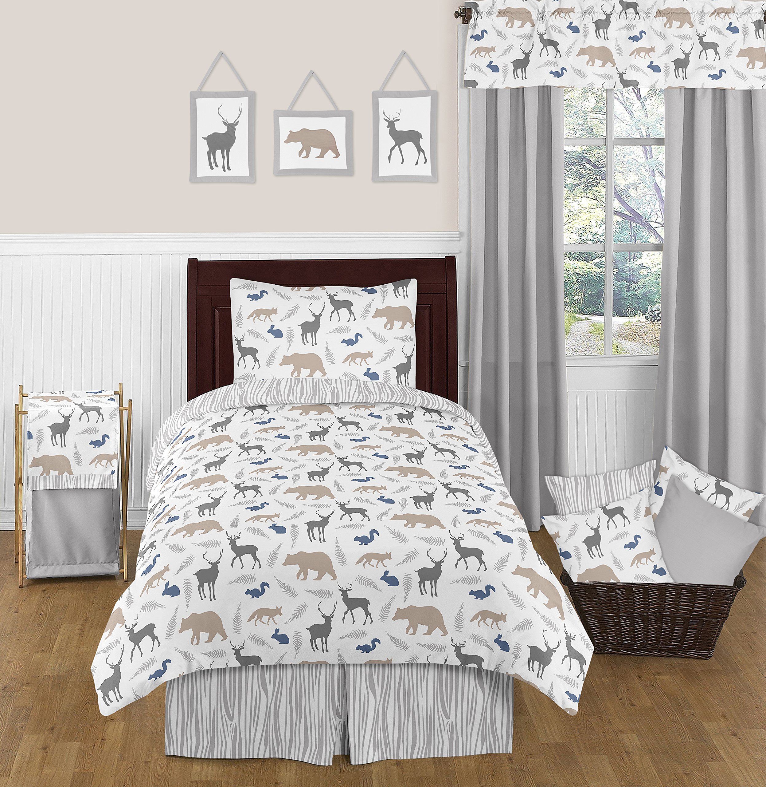 Sweet Jojo Designs Blue Grey and White Woodland Animals Bear Deer Fox Full Length Double Zippered Body Pillow Case Cover