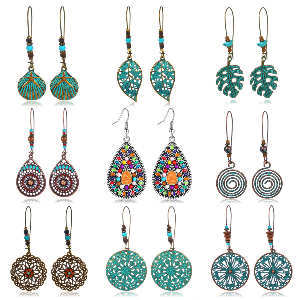 Bohemian Vintage Dangle Earrings Boho Retro Hollow Metal Dangle Drop Earrings for Women Girls (9pairs)