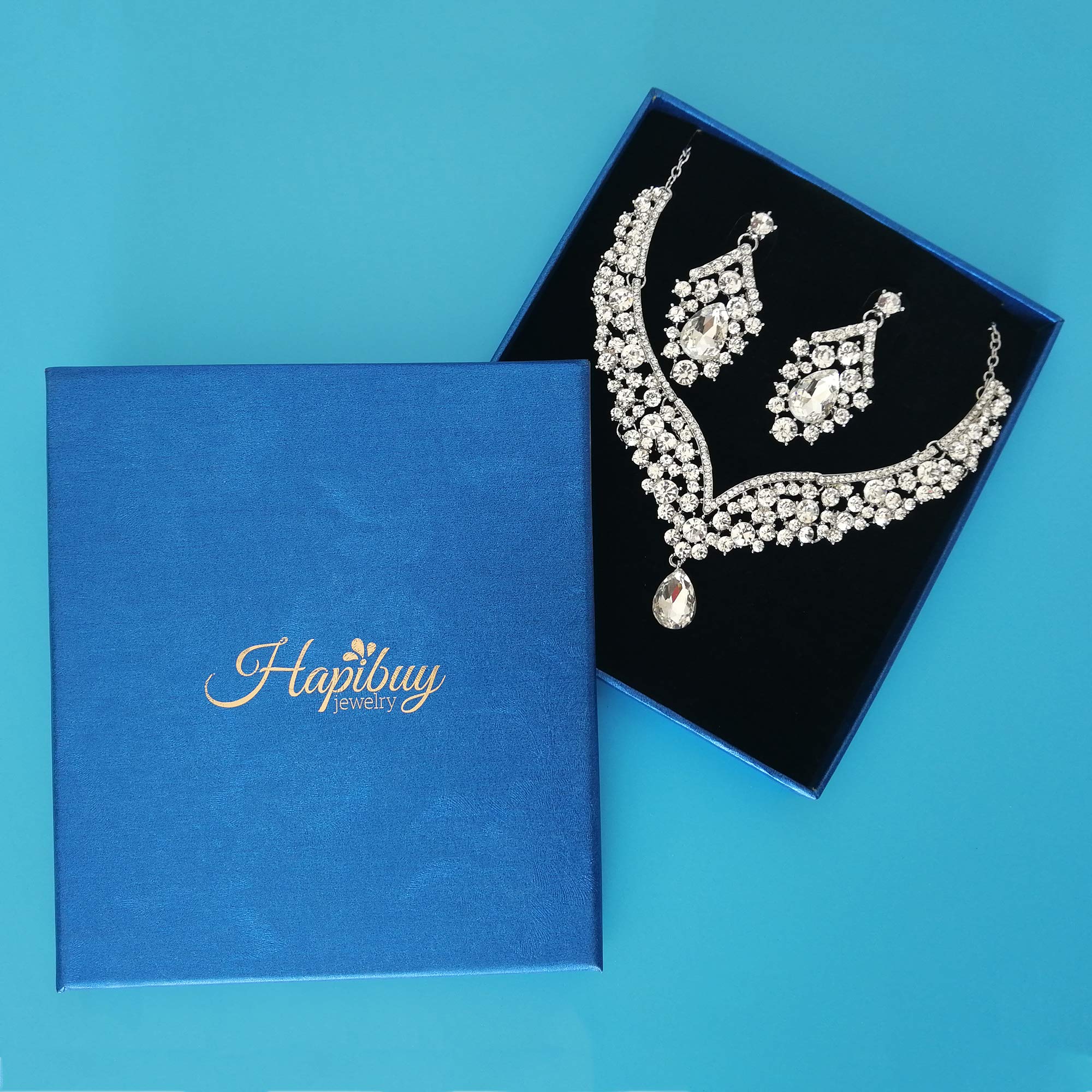 Hapibuy Crystal Bridal Wedding Necklace and Earrings Jewelry Set For Women and Brides