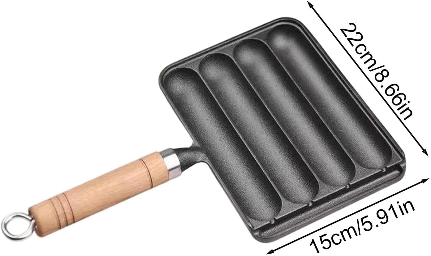 Sfocgoi Sausage Grill Pan, Cast Iron Sausage Pan, Non Stick Baking Tray With Anti Scald Wooden Handle, Sausage Pan Hot Dog Grill Pan-A