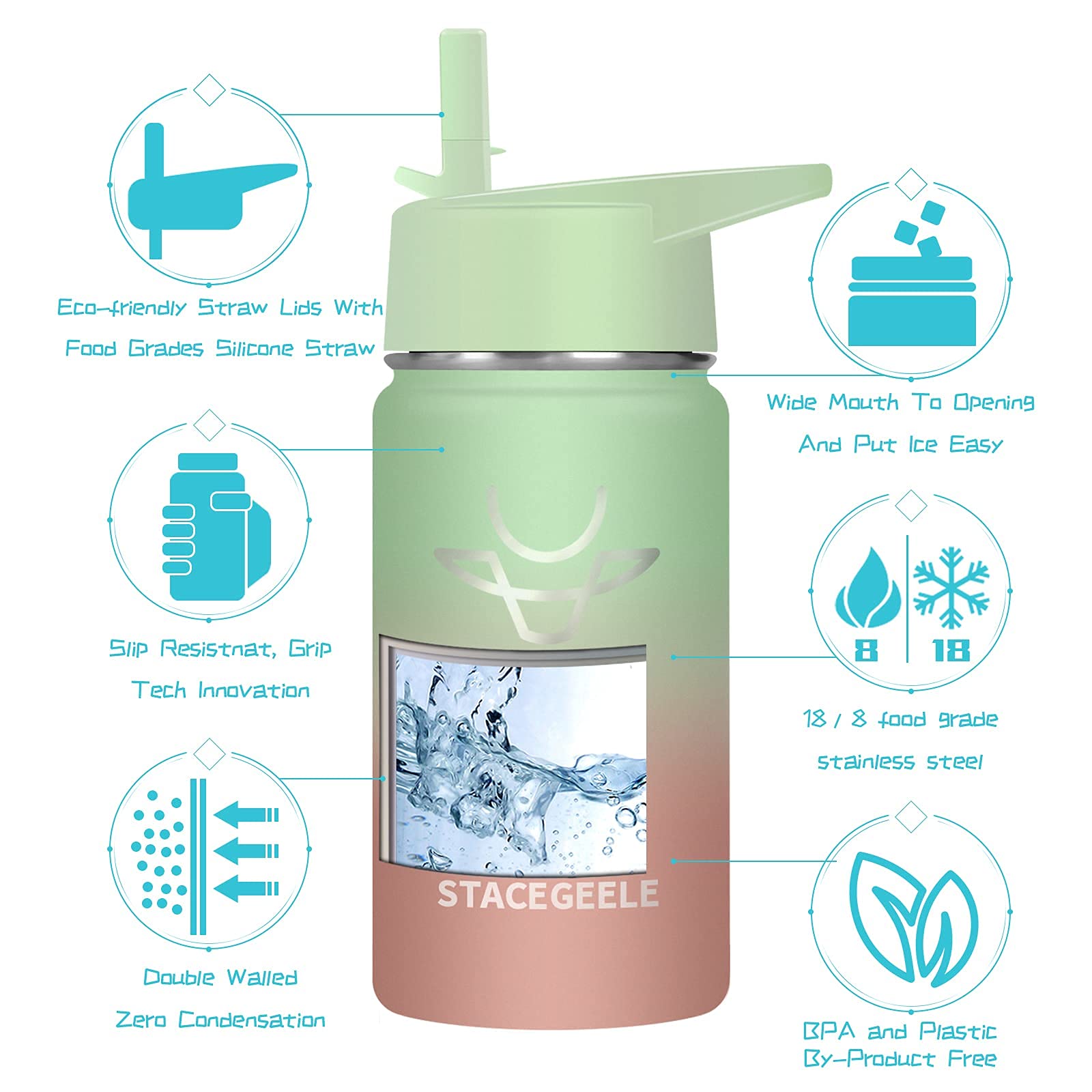 STACEGEELE Insulated Vacuum Water Bottle with Spout Lid & Screw on Top | Stainless Steel Flask For Kids Leak Proof Lightweight Eco Friendly 18oz / 24oz / 32 oz / 40oz (Mint Julep, 12OZ)
