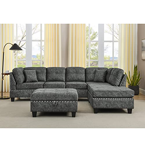 Evedy Modern Sectional, Living Room Furniture Sets,L-Shaped Storage Ottoman,Couch with Nail-Head Trim,3-Seaters Sofa with Extra Wide Reversible Chaise and 2 Small Pillows, Grey Fabric