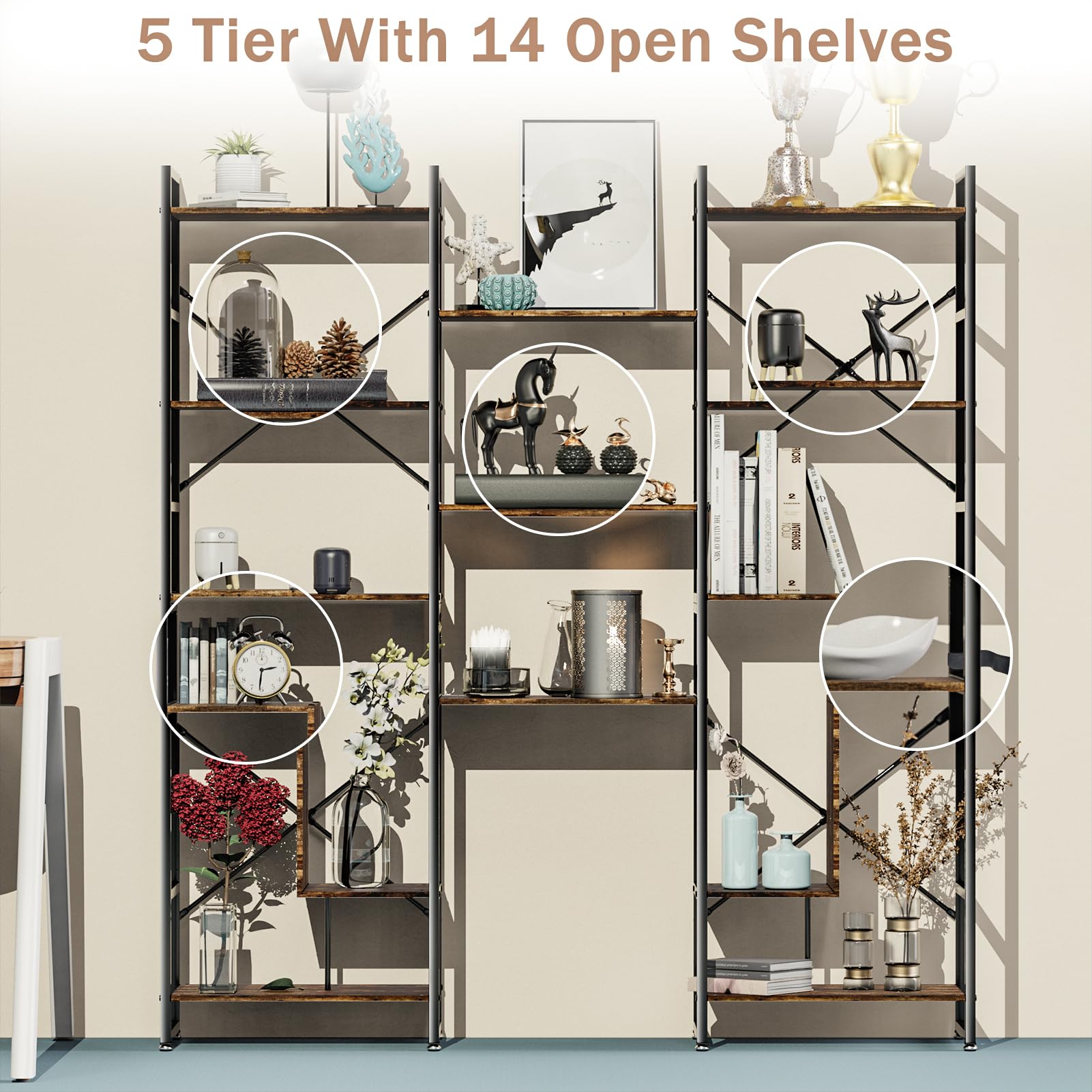 BALLMENT Large Bookshelf,Triple Wide 5 Tier Book Shelf,Industrial Metal Bookacse with 15 Open Display Shelves,Modern Rustic Brown Bookshelve for Office, Living Room,Kitchen,Library - Rustic Brown