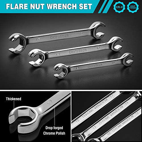 DURATECH Flare Nut Wrench Set, Metric, 3-piece, 10, 12, 13, 14, 15, 17mm, CR-V Steel, Organizer Pouch Included