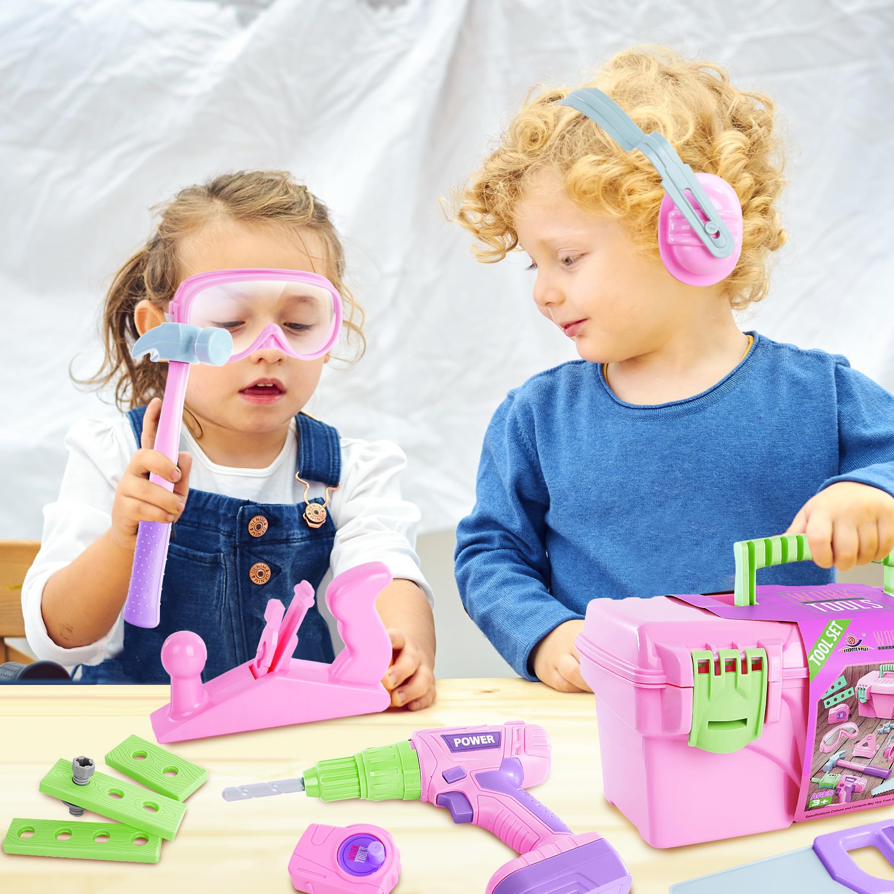 Kids Tool Set, Girls Tool Set Pretend Play Construction Toy Tool with Tool Box, Toddler Tool Set with Electric Toy Drill for Toddler Boy Girl Kid Child Tool Toy Pink Ages 3+