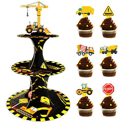 Construction Birthday Cupcake Stand with 24pcs Cupcake Toppers for Construction Themed Zone Party Decorations 3 Tire Dump Truck Car Cupcake Dessert Holder for Construction Baby Shower Party Supplies