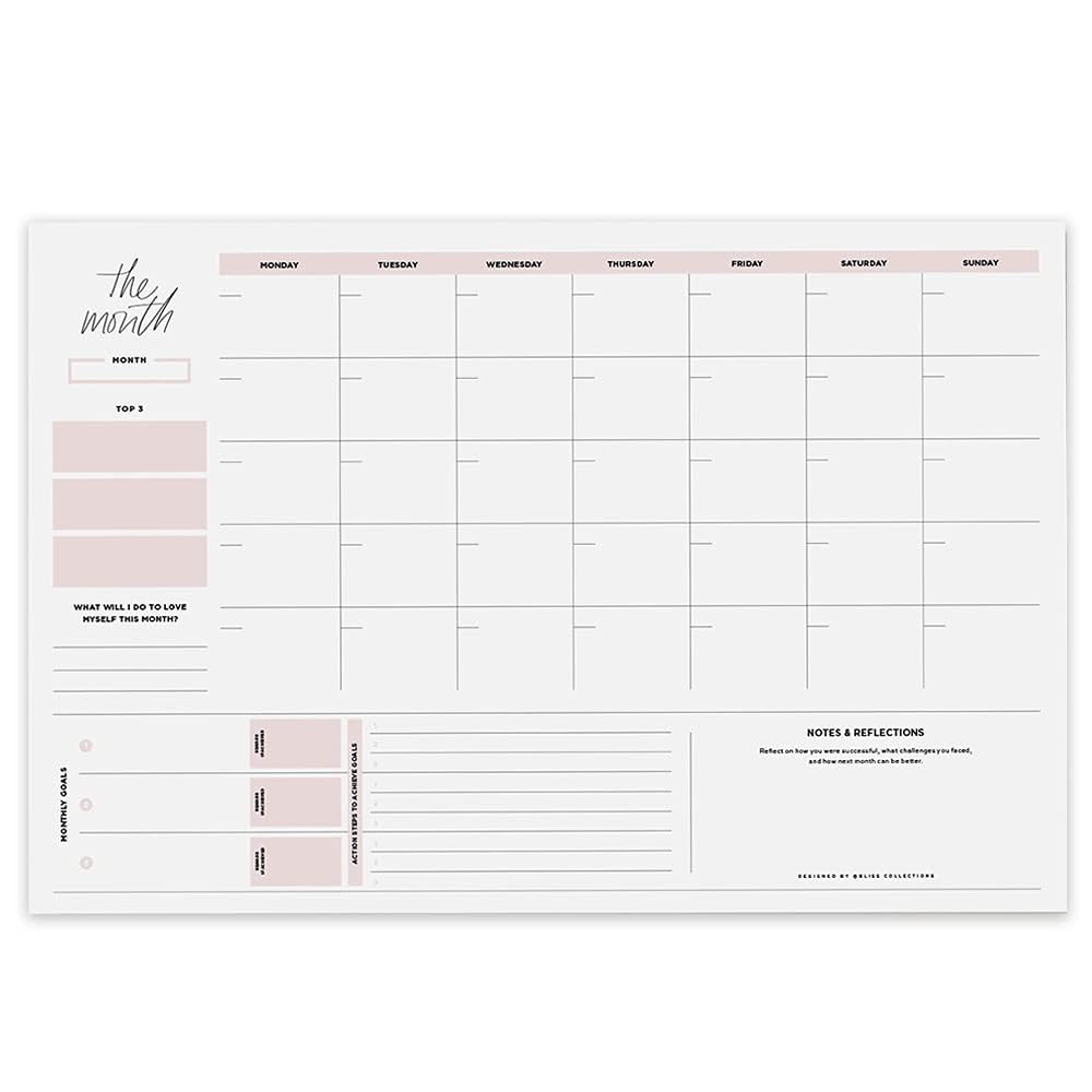 Bliss Collections Monthly Planner, Simple Pink Self-Care, Undated Desk Calendar and Planner for Organizing and Scheduling Tasks, Productivity Tracker, Goals, Notes and To-Do Lists, 12"x18" (18 Sheets)