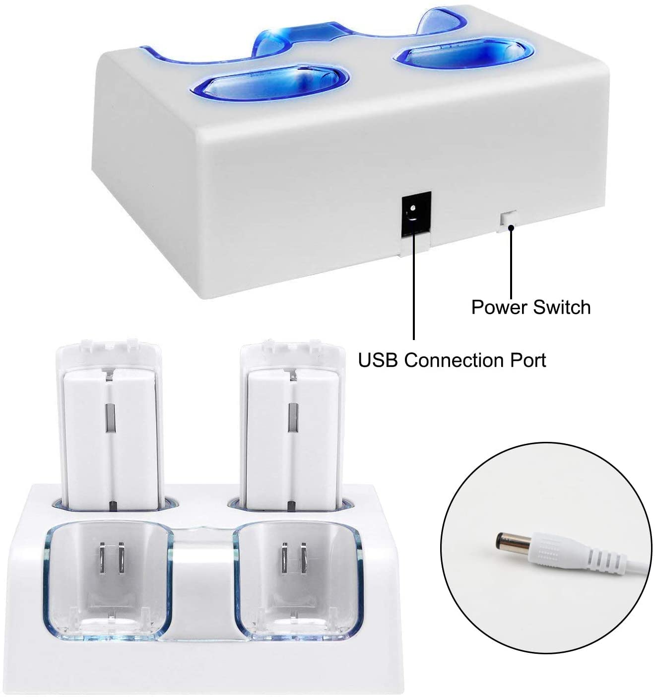 Upgraded Wii Remote Charger Station, Covanm 4 Port Wii Charging Station with 4 Rechargeable Battery for Wii (4 Port Charging Station+4 Replacement Batteries+USB Cable+Free USB Wall Charger)