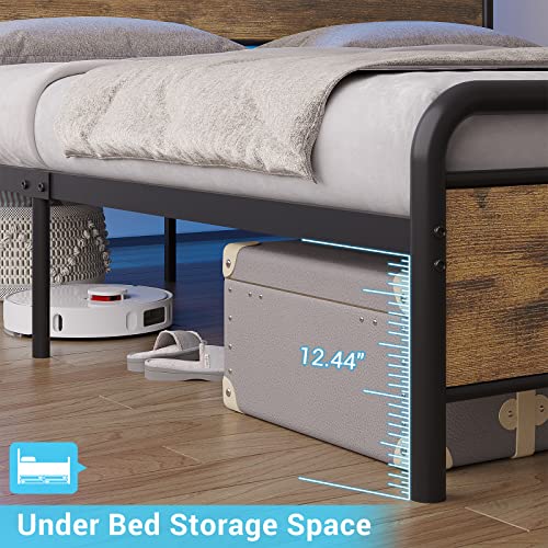 DICTAC Queen Bed Frame with Storage Headboard and Charging Station Led Bed Frame Queen Size with Headboard Storage,Metal Platform Bed Frame with LED Lights,No Box Spring Needed,Rustic Brown