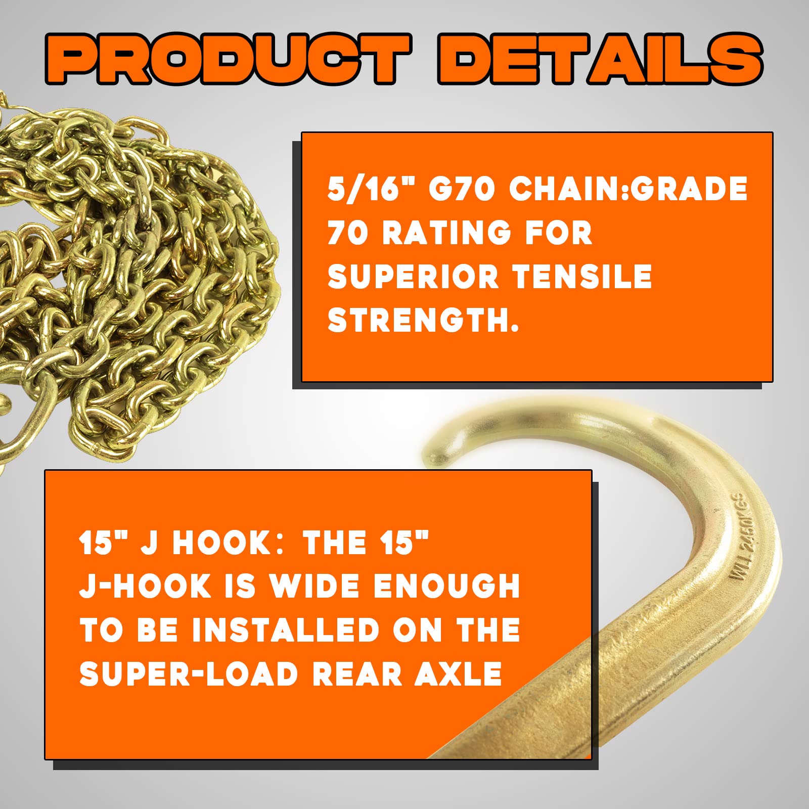 BLACKHORSE-RACING Grade 70 5/16 Inch x 10 Feets Transport Tow Chain J Hook Long Shank w/R T J Grab Hook Yellow Zinc - 3,700 lbs. Safe Working Load