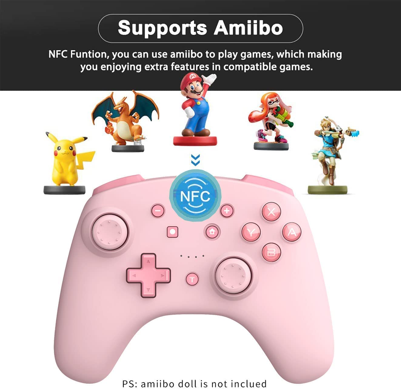 PXN Wireless Switch Controller, Gamepad Joystick with NFC/Amibo/Turbo, Screenshot Gyrox Axis and Dual Vibration, Switch for Nintendo Switch (Pink)