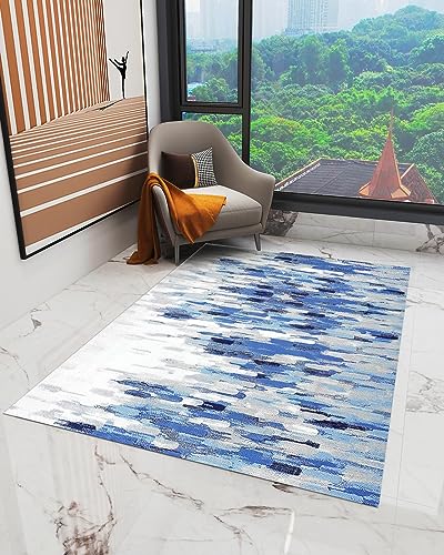 Contemporary Blue Large Rectangular Area Rugs 5' x 7' Living Room, Abstract Rustic Painting Art Durable Non Slip Rug Carpet Floor Mat for Bedroom Bedside Outdoor