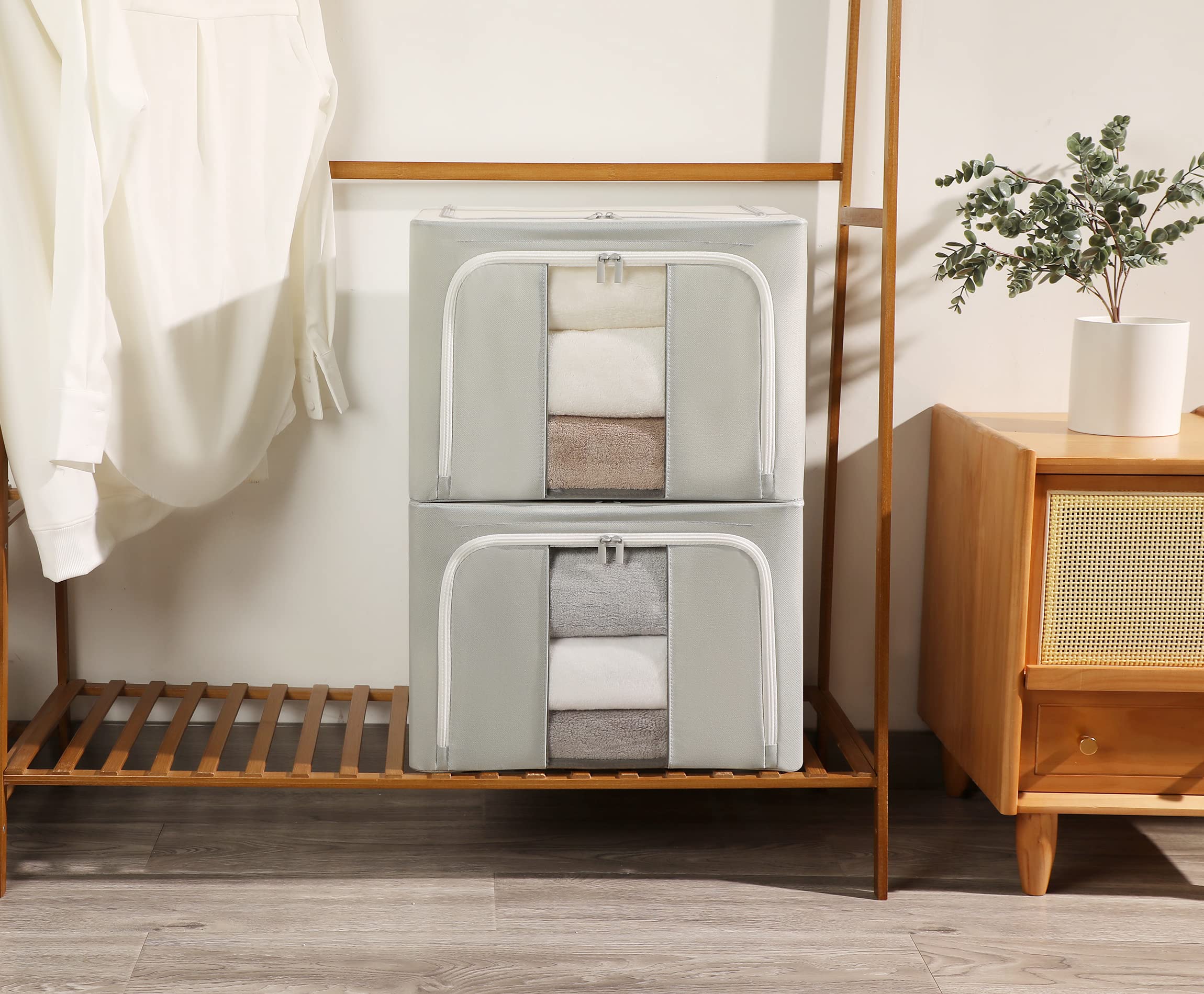 Furnhome 3 PACK 40L Oxford Cloth Steel Frame Storage Box, Clothes Storage Box Organizers with Foldable Clear Window & Reinforced Handles for Clothes,Closet,Comforters,Bedding, Blanket(Light Grey)