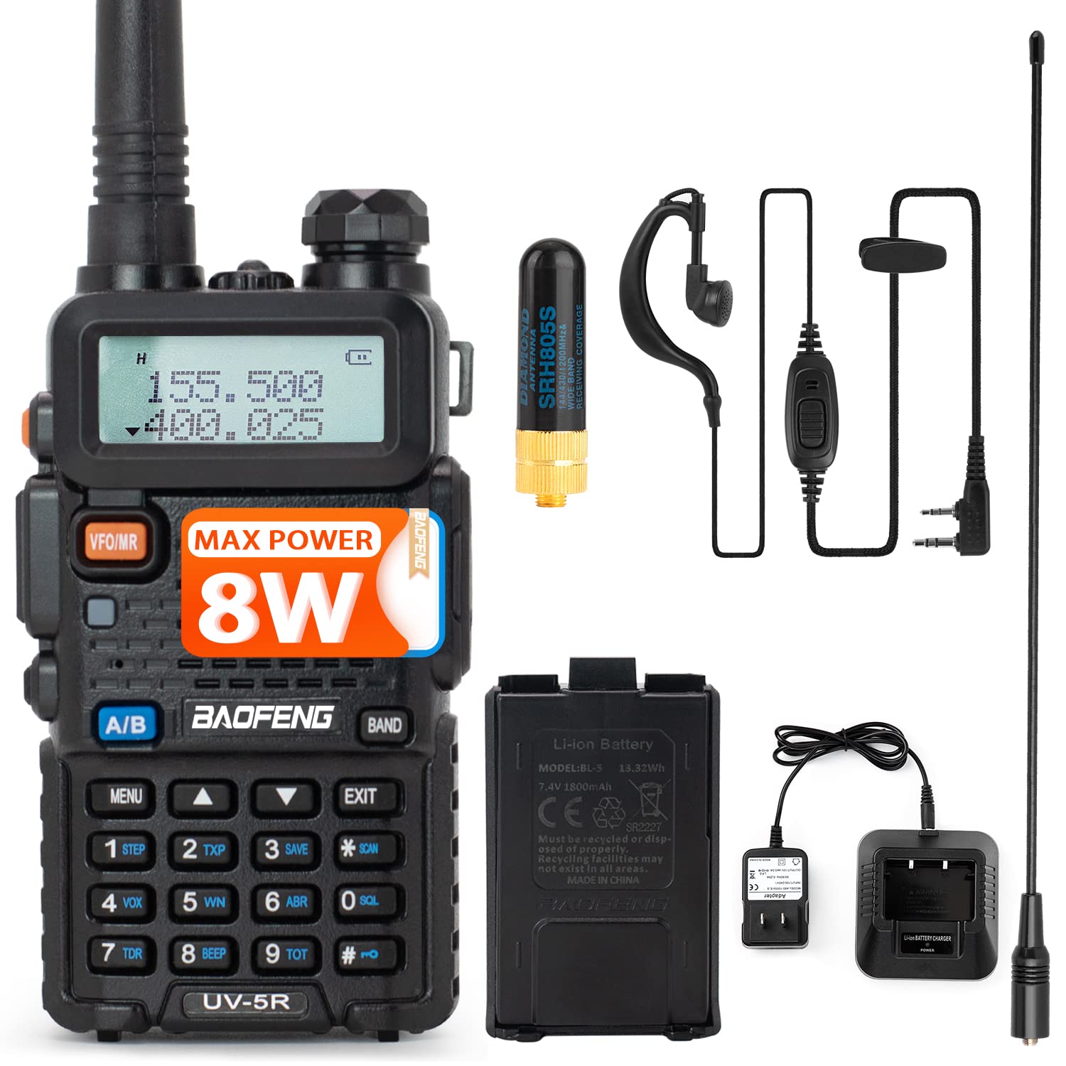 Baofeng UV-5R 8W, Ham Radio Handheld (VHF & UHF) with 1800mAh Li-ion Batteries and Gain Antenna, Earpiece, Long Range Two Way Radio (1 Pack)