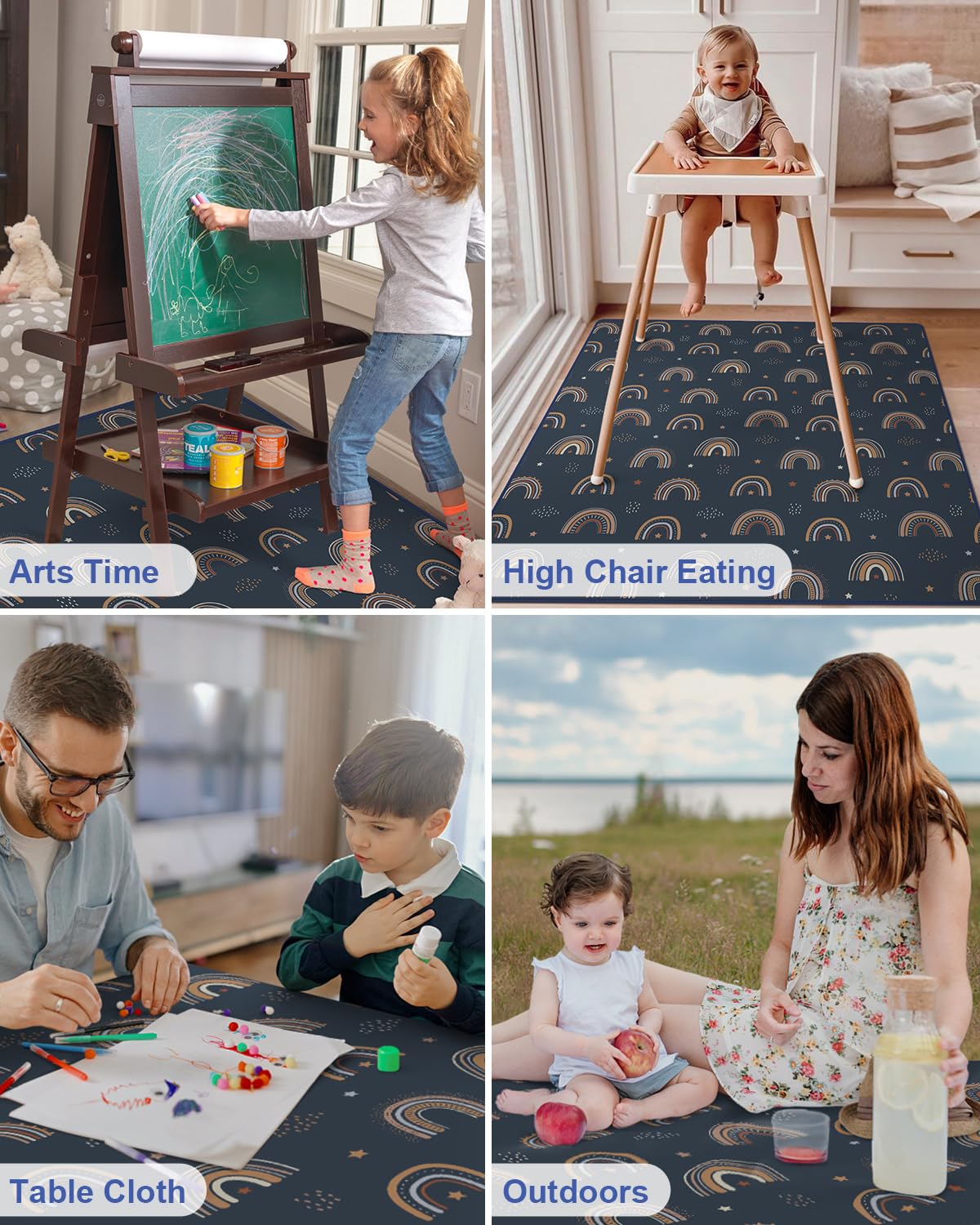 Blissful Diary Baby Splat Mat for Under High Chair, 51 x 51 Inch Splash Mat, Waterproof and Washable Spill Mat, Anti-Slip Floor Protector, Retro Rainbow