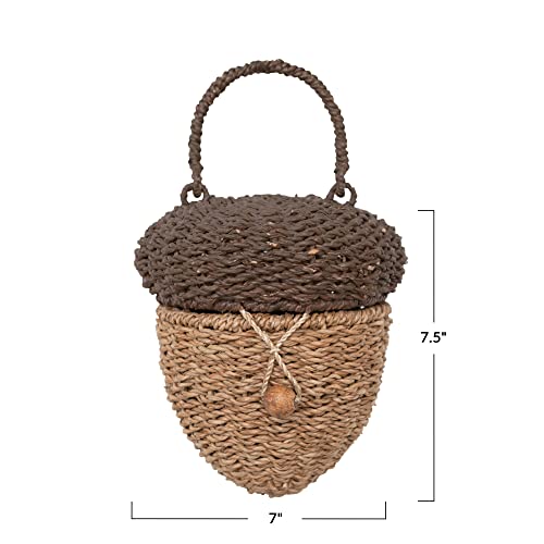 Creative Co-Op Handwoven Bankuan Acorn Shaped Basket with Lid and Wood Handle, Brown and Natural Decorative Storage, 7" L x 7" W x 8" H, Brown & Natural