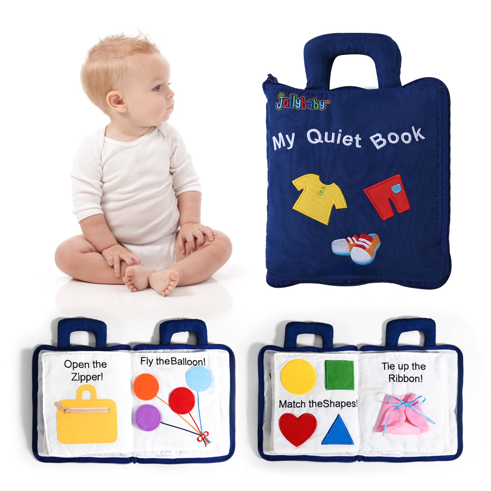 Jollybaby Baby Soft Busy Books -My Quiet Book, Travel Toy & Montessori Sensory Educational, 10 Preschool Learning Activities for 1 2 3 Year Old Toddlers Boy Girl(Blue)