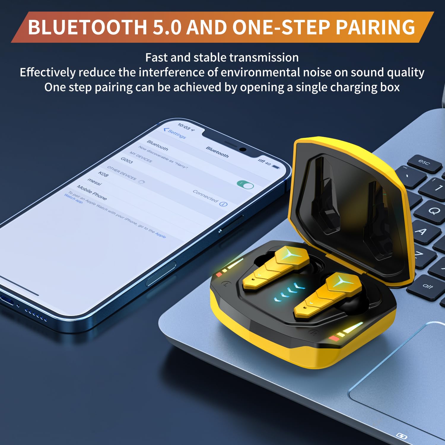 KINGSTAR Wireless Gaming Earbuds, Bluetooth 5.0 Game Earphones with Microphone in-Ear Gaming Headphones Noise Cancelling Earbuds Auto Pairing Ture Wireless Ear Buds for iOS Android