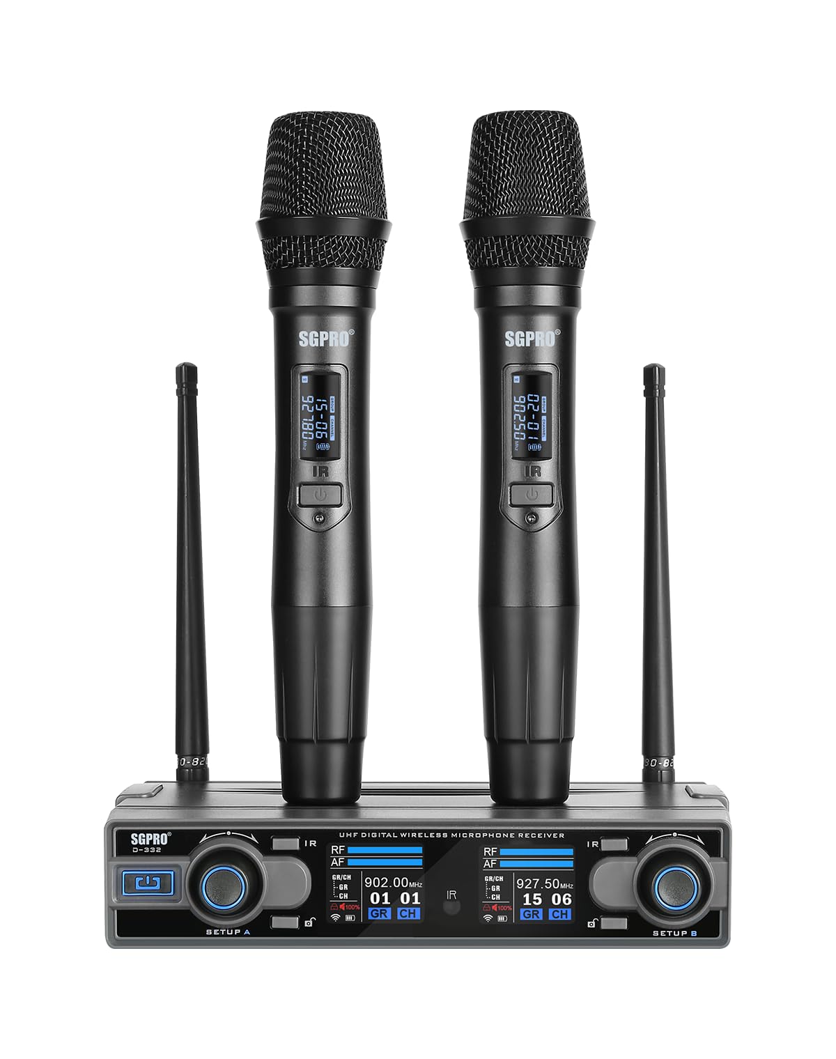 SGPRO Dual Handheld Wireless Microphone System 262Feet 90 Preset UHF Frequencies, Bodypack, Head-Worn & Lavalier Mics for Live Performance, Karaoke, DJ, Church, Classroom & PA Systems (D-332HH)