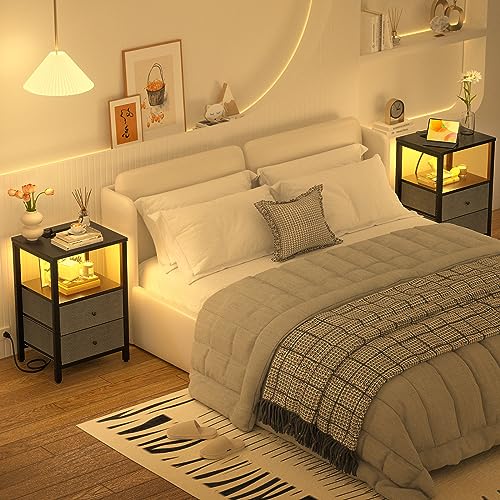 Cyclysio Night Stands Set of 2 with Charging Station, Night Stand with LED Lights, 25.6'' End Table Bedside Tables with 2 Drawers, 3 Tier Tall Night Stand with Storage for Bedroom Living Room, Black