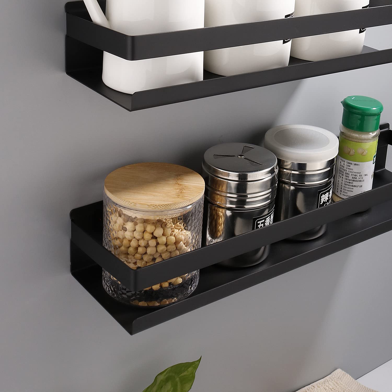 Taspooke 20cm Hole-free spice rack, kitchen wall-mounted seasoning rack,304 stainless steel practical storage rack, toilet cosmetic storage rack, toiletry storage rack (40cm+ black)