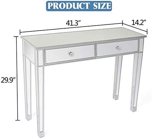 Binrrio Mirrored Console Table, Silver Glass Mirrored Makeup Vanity Table Desk for Women, Writing Desk Media Console Table for Home Living Room Bedroom Office Smooth Finish (Sliver-2 Drawers)