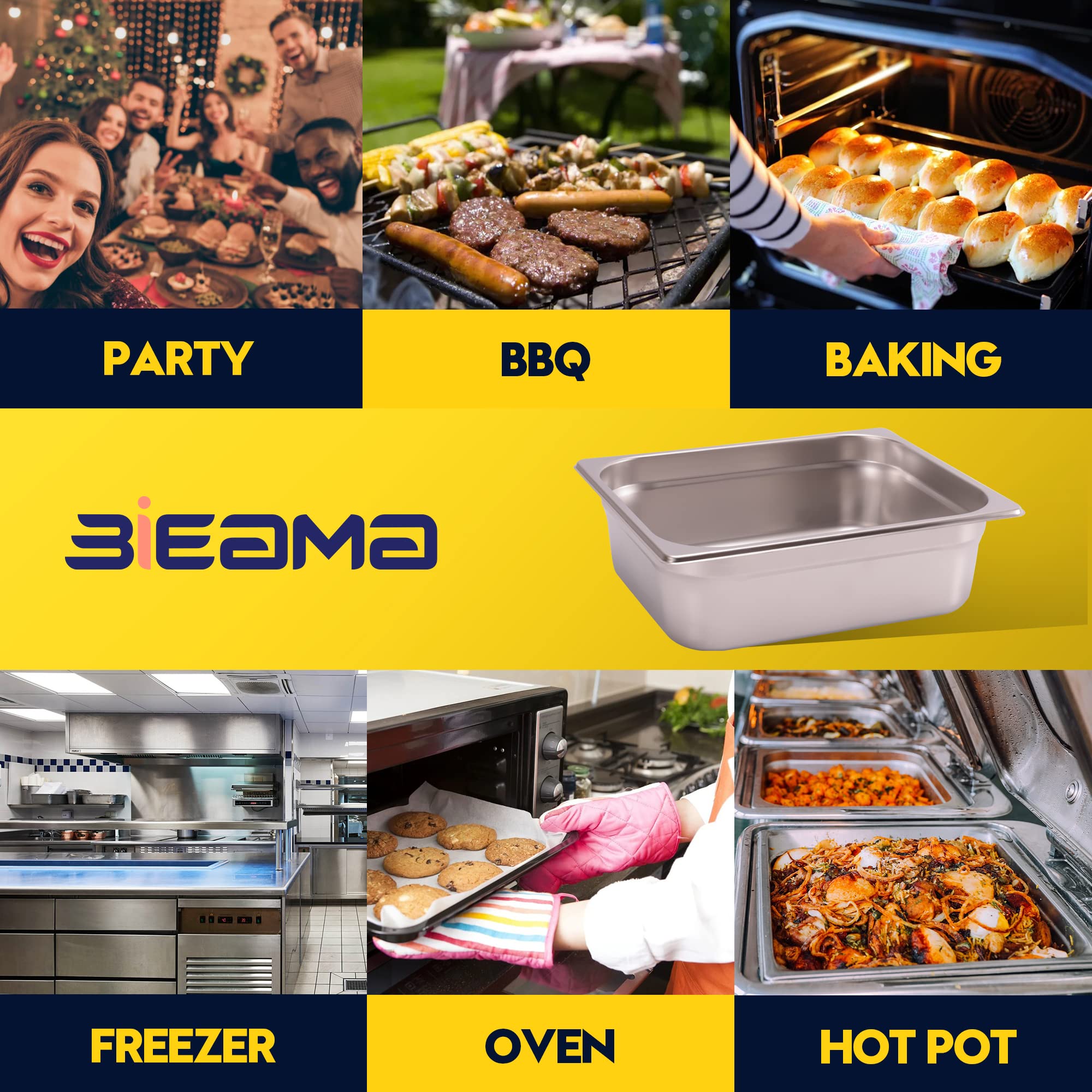 BIEAMA 6-Pack Hotel Pans with Lid, 1/2 Size 4" Deep, NSF, Catering Food Pan, Commercial Stainless Steel Pan with Cover
