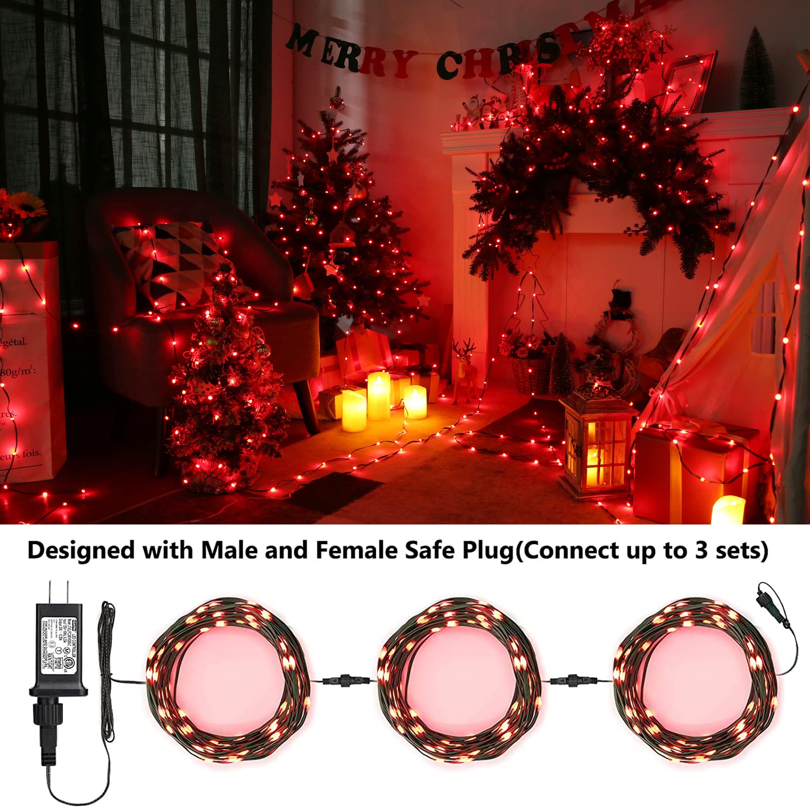 Joomer Red Christmas Lights, 66ft 200 LED String Lights 8 Modes Plugin Timer Indoor Outdoor Fairy Twinkle Lights for Home,Garden,Trees, Christmas Decorations