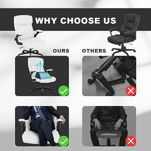 Executive Office Chair, Big and Tall Office Chair 500lbs for Heavy People Ergonomic High Back Leather Executive Office Chair with Flip-up Armrests and Adjustable Height Office Chair (White)