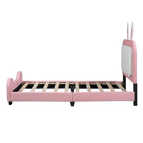CJLMN Upholstered Rabbit Shaped Princess Bed Pink Platform Bed, Twin Size Wood Bed Frame with Bunny Ears Headboard and Bunny Tail Footboard, Kids Bedroom Furniture Fun Cute Rabbit Bed