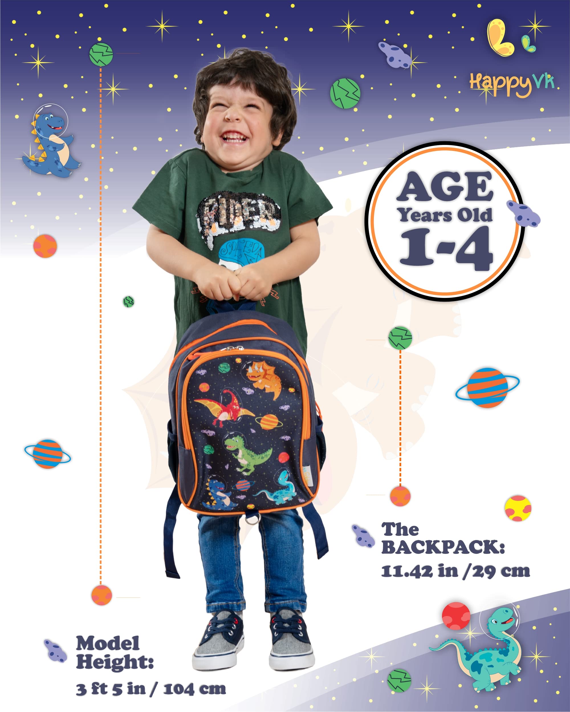 HappyVk- Backpack with Leash for Kids-Anti Lost Walking Toddler Leash-Dinosaur design-for 1-4 Years Old Boys, Girls