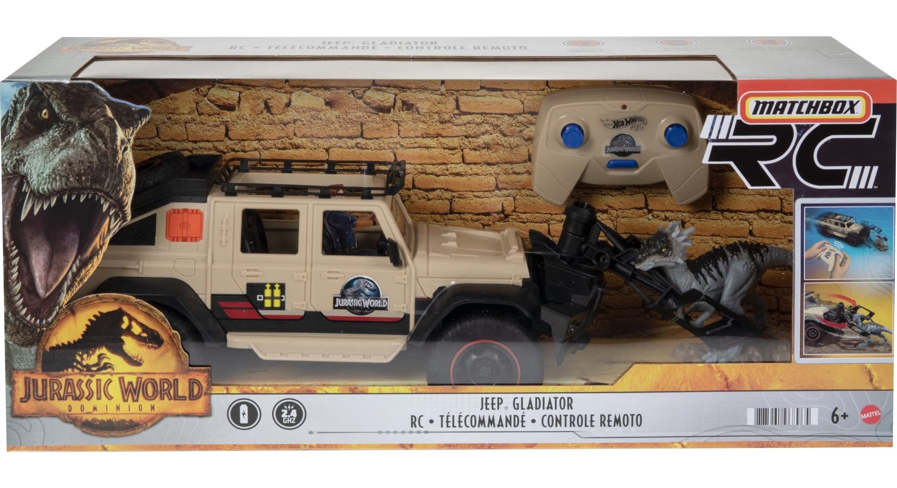 Hot Wheels Matchbox RC Jurassic World Dominion Jeep Gladiator, 6-inch Dracorex Dinosaur Figure, Remote-Control Toy Car with Auto-Capture Claw