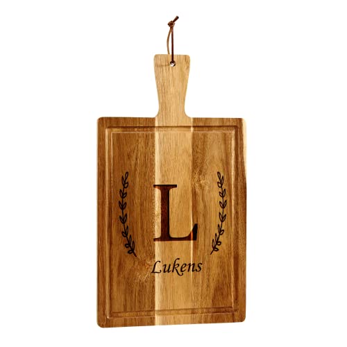 Creative Gifts International Acacia Wood Carving Board, Charcuterie Board With Handle And Lanyard, Beveled Edge, 17" x 9.75", Cutting Board Wedding Gift, Custom Monogram
