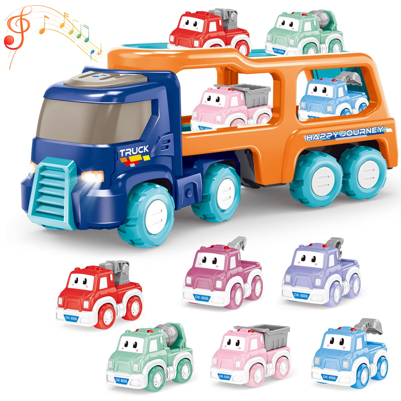 QXTTS Toddler Trucks Toys for 1 2 3 Year Old Boy Girl, with Sound and Light 7 in 1 Transport Vehicles Toy Set with 6 Different Small Toy Car, Gifts for Toddlers Age 1-3