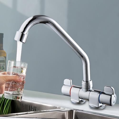 Camper Faucet Folding Faucet RV Water Tap Cold and Hot Water 360 Degree High-end Kitchen Sink Faucet Gooseneck Spout Dual Knob Handles Brass Constructed & Chrome Polished