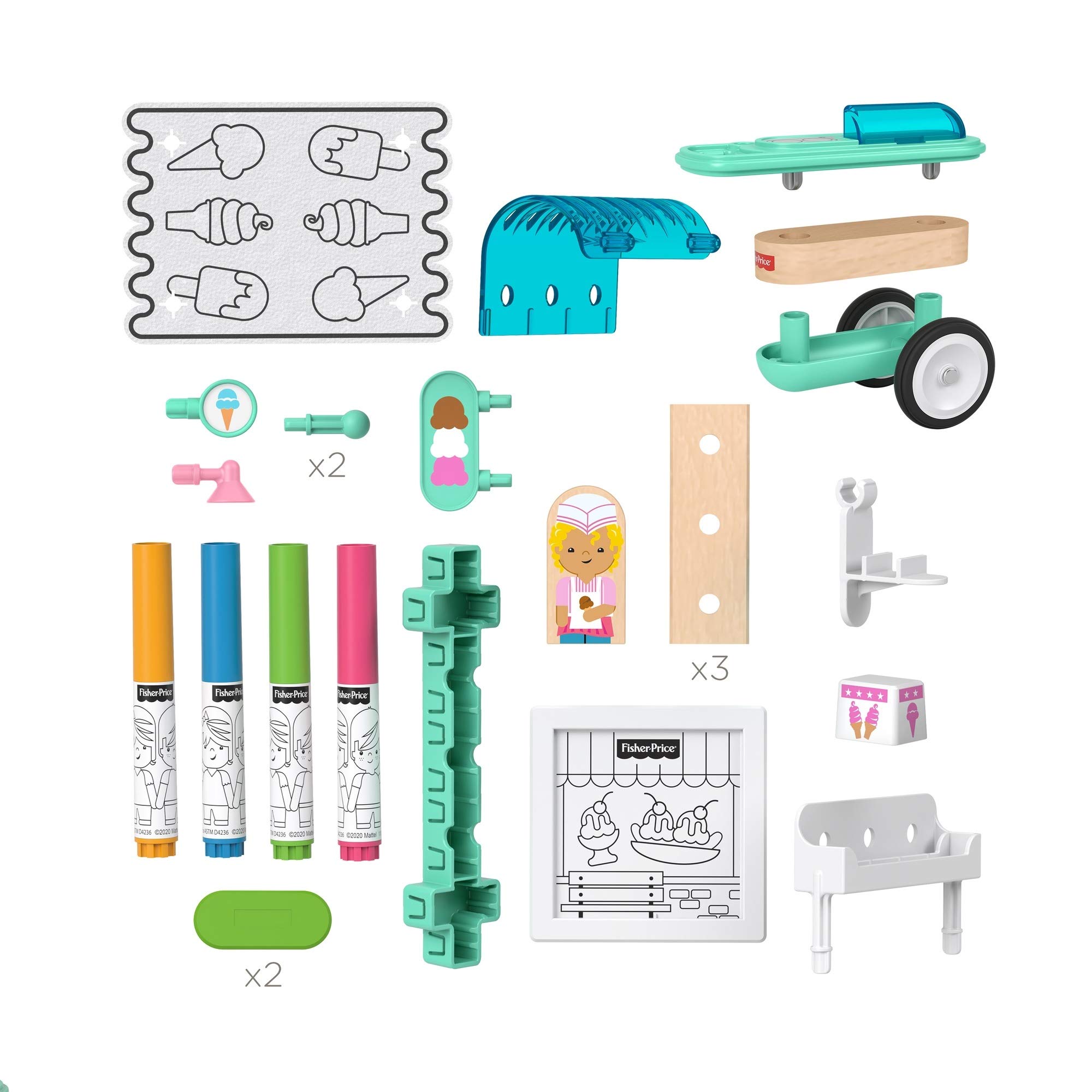 Fisher-Price Wonder Makers design system Ice Cream Cart, 15+ pieces, craftable building and track set with colorable pieces for preschool kids ages 3 years & up
