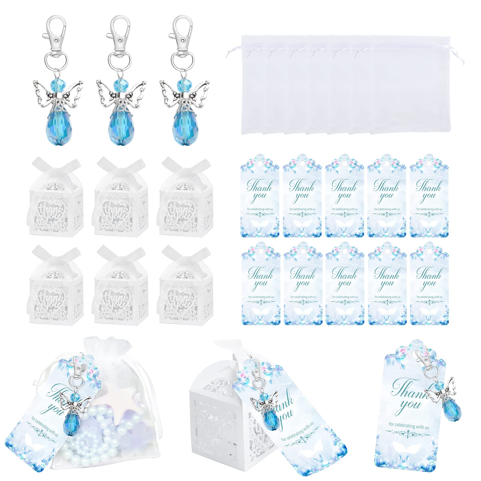 SaSbSc 30 Set Baptism Party Favors for Guest Angel Keychain with Memorial Thank You Tags Gift Bags Boxes Baptism Decoration Baby Shower Souvenirs Return Gifts for Boys