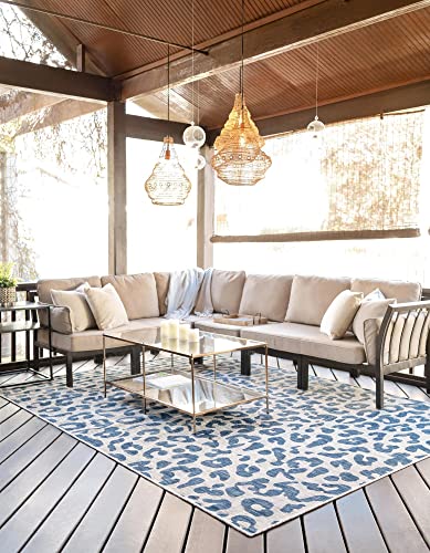 Rugs.com Outdoor Safari Collection Rug – 4' x 6' Blue Flatweave Rug Perfect for Entryways, Kitchens, Breakfast Nooks, Accent Pieces