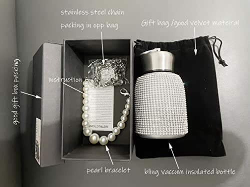Bling Stainless Steel Diamond Water Bottle Crystal Rhinestone Cute Vaccume Insulated Thermal Flask with Chain and Pearl Bracelet (300ml/10.2oz)