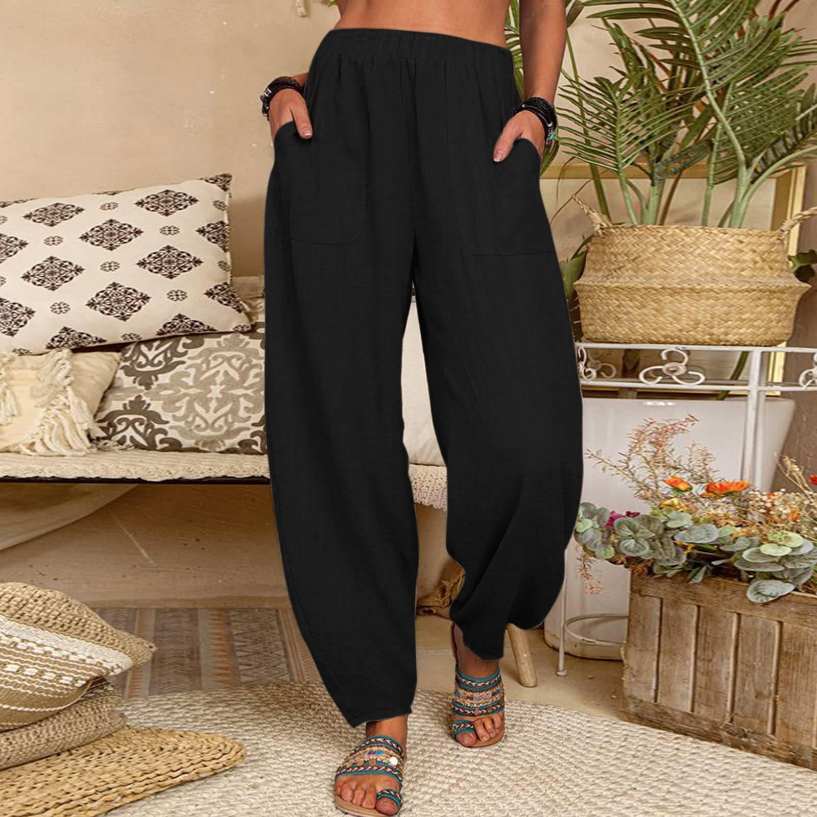 Boho Pants Loose Women's Pants（Chain） Casual Sport Small-Legged Monochromatic Halon Pants Rain Pants D-Black