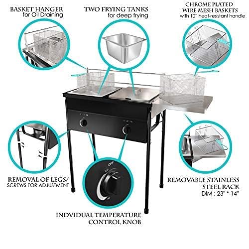 Bioexcel FT22 Two-Tank Propane Deep Fryer Commercial Deep Fryer, Outdoor Deep Fryer with 2 Stainless Steel Baskets & Lids Fish Fryer with Adjustable Temperature Regulator